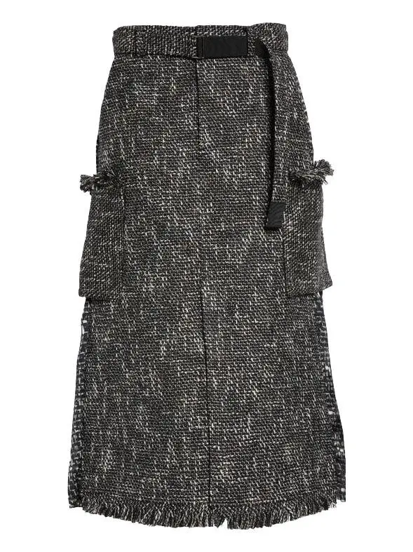 Sacai Mixed Media Fringe Tweed & Chiffon Skirt - Black