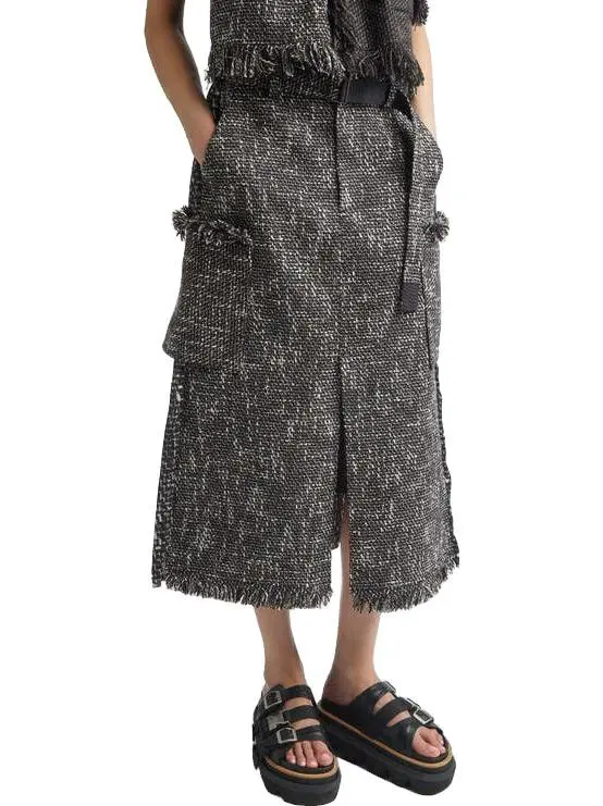 Sacai Mixed Media Fringe Tweed & Chiffon Skirt - Black
