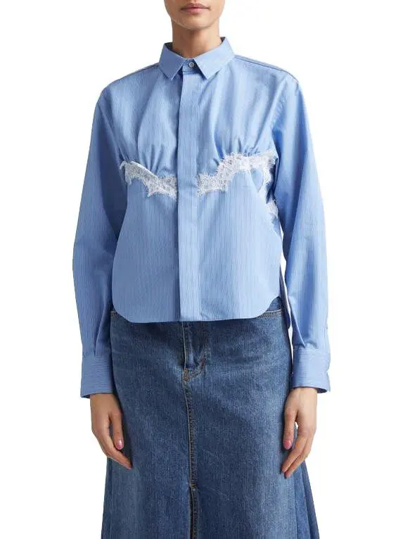 Sacai Stripe Lace Trim Poplin Button-up Shirt - Blue Stripe