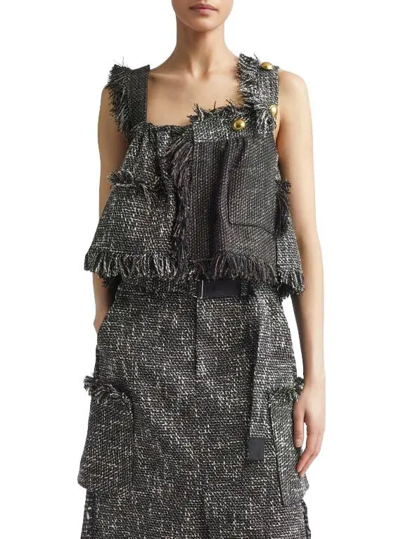 Sacai Crop Mixed Tweed Camisole - Black