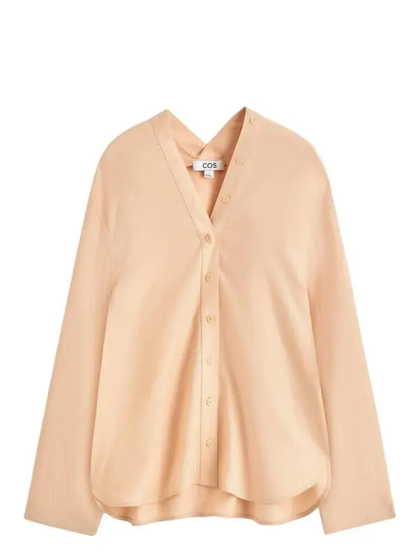 Cos Button-detail Linen V-neck Shirt - Beige
