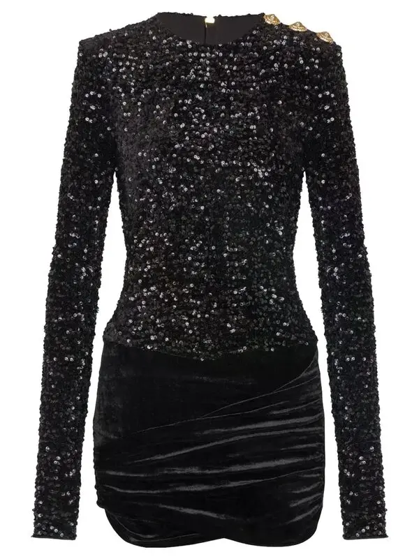 Balmain Sequin Velvet Mini Dress - Black