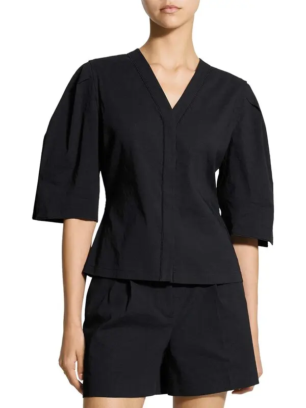 Theory Good Linen Round-sleeve Button-up Top - Black