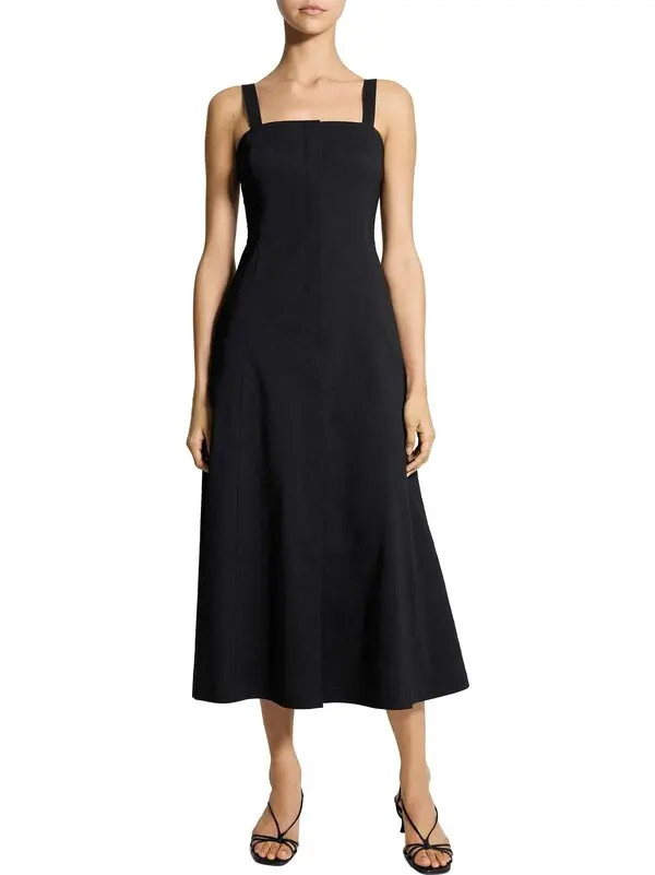 Theory Good Linen Square Neck Flared Midi Dress - Black