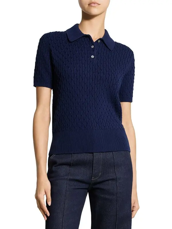 Theory Organic Cotton Cable Knit Polo Top - Blue