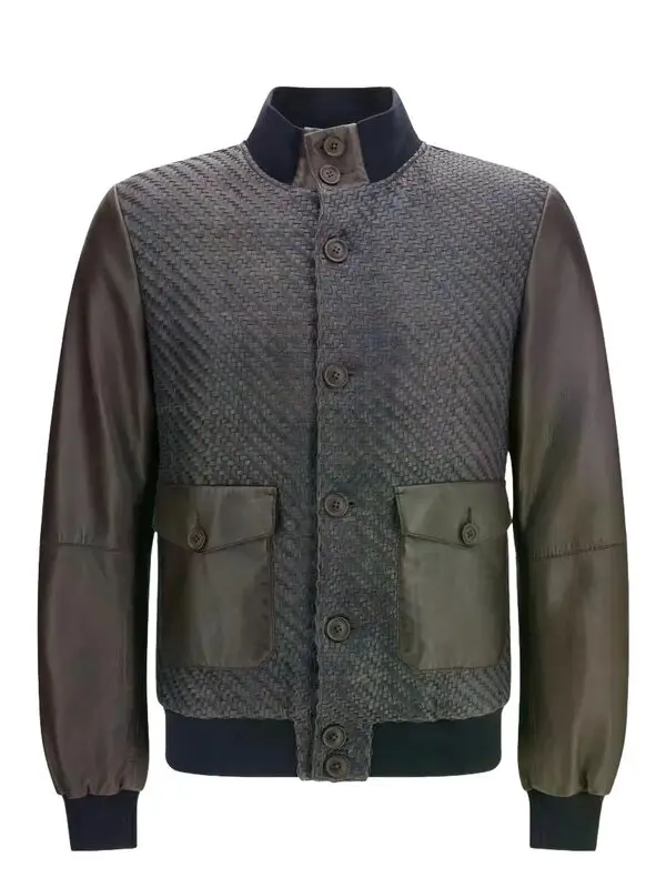 SWORD 6644 Woven Pocket Leather Bomber Jacket - Brown