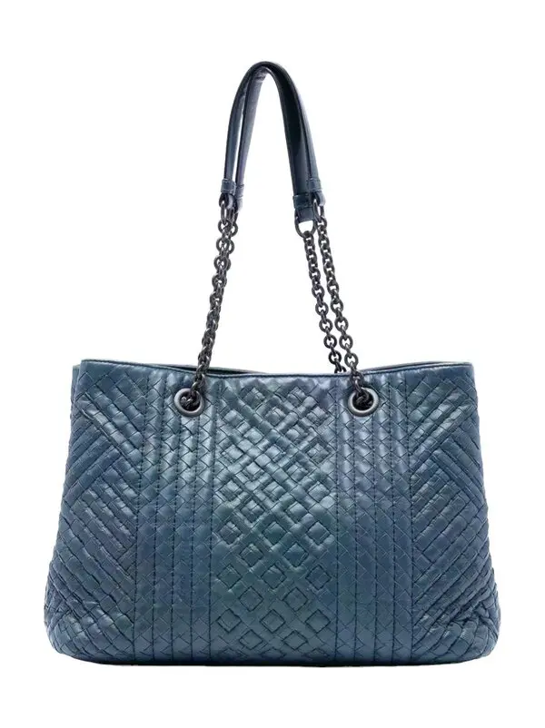 Bottega Veneta Nappa Intrecciato Stitched Double Chain Tote Bag - Blue