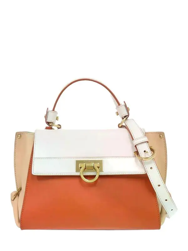 FERRAGAMO Small Tricolor Leather Gancini Sofia Satchel - Orange