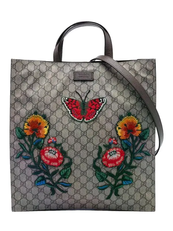 Gucci Gg Supreme Butterfly And Flower Embroidery Convertible Soft Tote Satchel - Neutrals