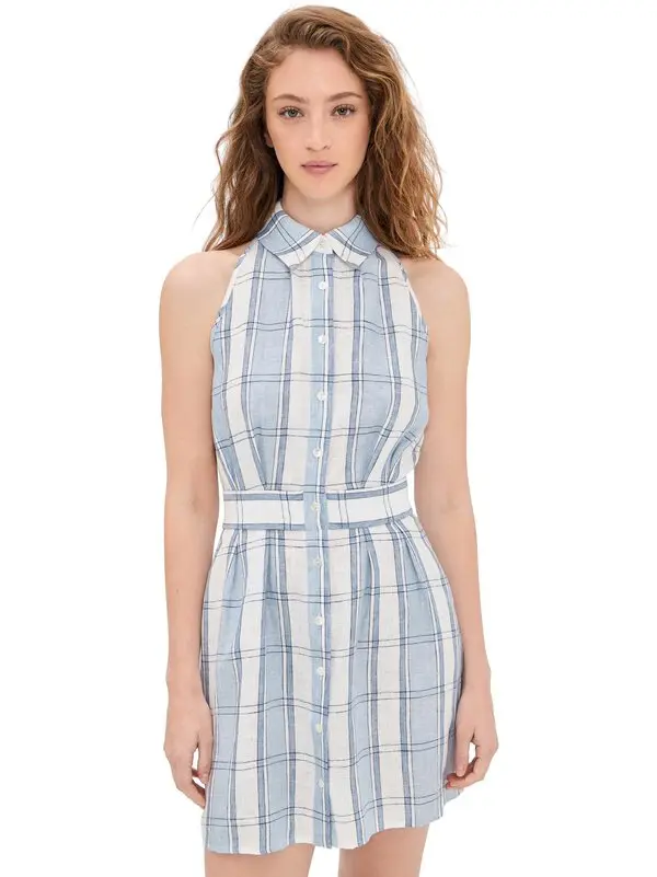 HEVRON Mini Plaid Linen Dress - Blue Plaid