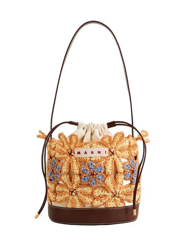 Marni Floral Raffia Bucket Bag - Vanilla/carrot/wild Cherry