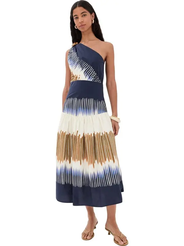 Silvia Tcherassi Catalina One-shoulder Midi Dress - Navy Mustard Abstract