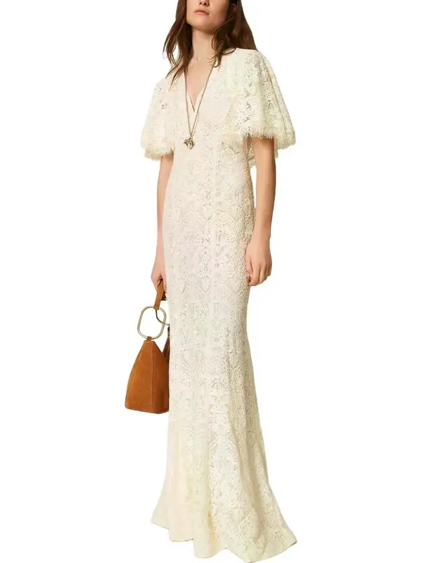TWINSET Long Lace Dress With Ruffled Short Sleeves - Neutrals