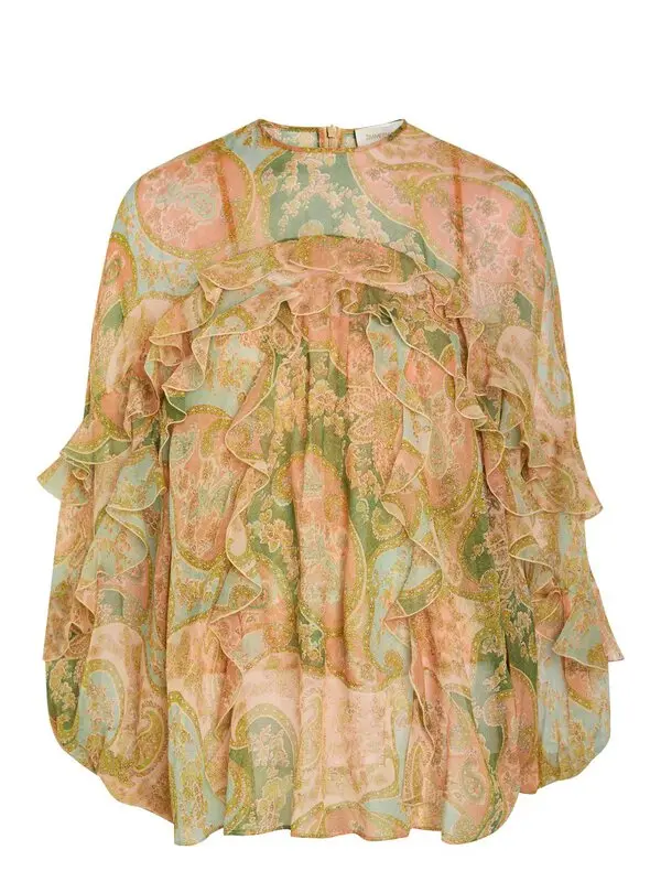 Zimmermann Luna Flutter Paisley Ruffled Silk Blouse - Sage