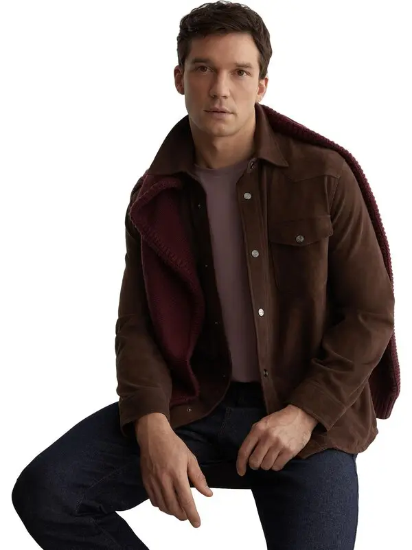 REISS Finsbury Suede Trucker Jacket - Chocolate Brown