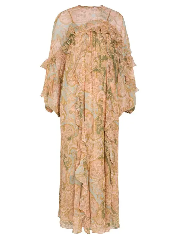 Zimmermann Luna Flutter Paisley Ruffled Silk Midi Dress - Sage