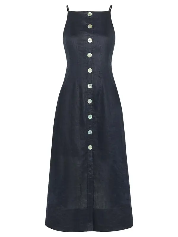 Veronica Beard Georges Button-up Linen Midi Dress - Navy