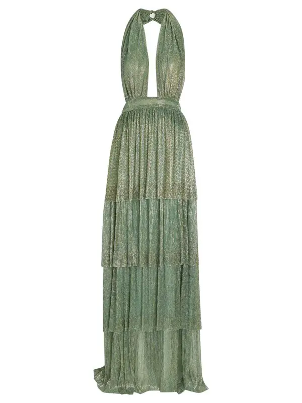 L'IDEE Nammos Halterneck Metallic-mesh Maxi Dress - Green
