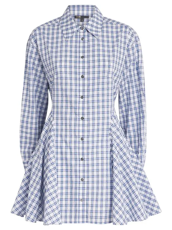 Maje Cotton Check Rhinestone Mini Shirt Dress - White