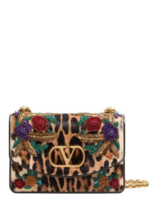 Valentino Garavani Vain Shoulder Bag In Embroidered Pony-effect Kidskin Leather - Multicolour