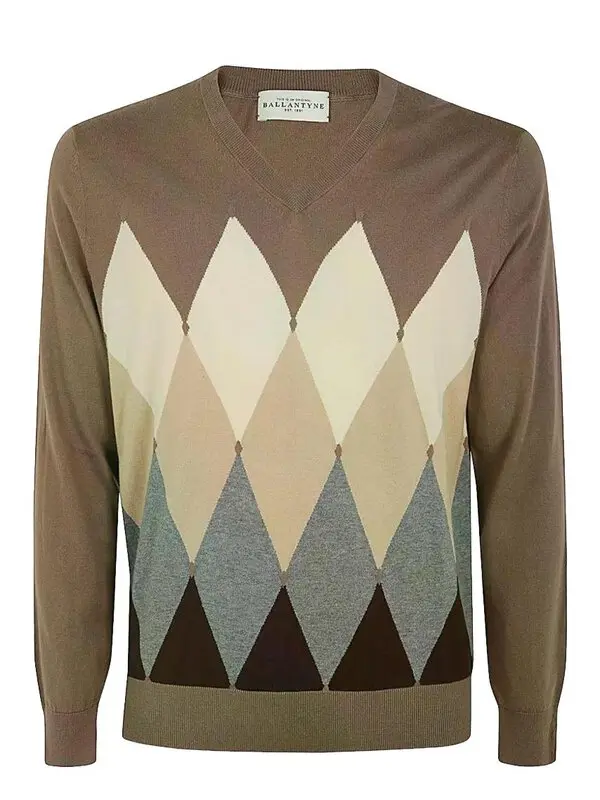 BALLANTYNE Argyle V-neck Sweater - Brown