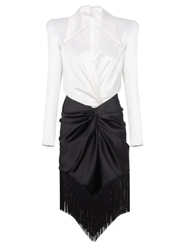Balmain Satin Tailored Fringe Dress - Black