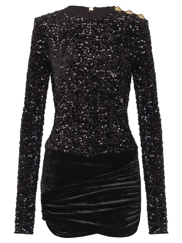 Balmain Short Draped Dress With Sequins And Velvet - Black