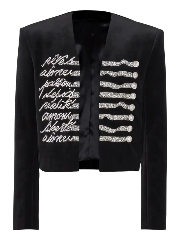 Balmain Cropped Velvet Jacket With Embroidery - Black