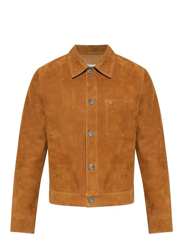 Ami Suede Jacket With Embossed Logo - Brown