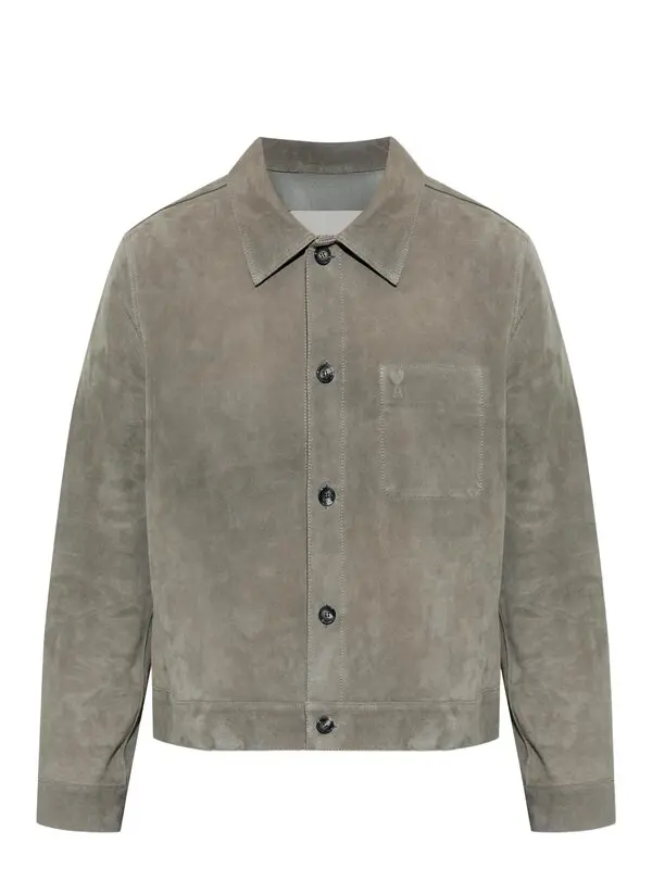Ami Suede Jacket With Embossed Logo - Grey
