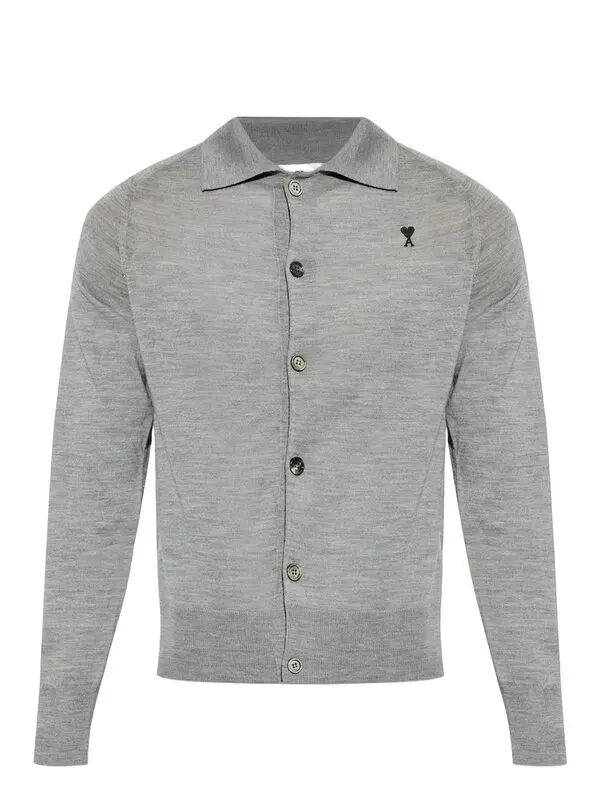 Ami Wool Cardigan With Embroidered Logo - Grey