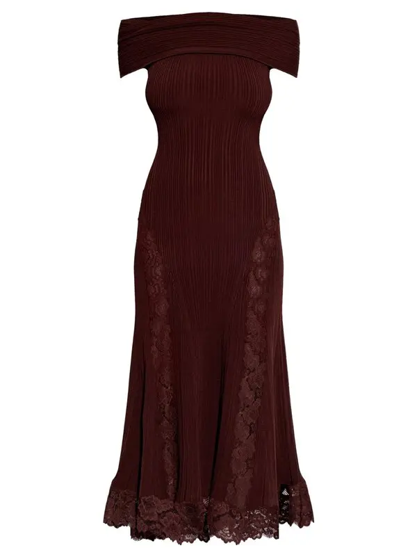 SELF-PORTRAIT Ribbed Off-the-shoulder Dress - Burgundy