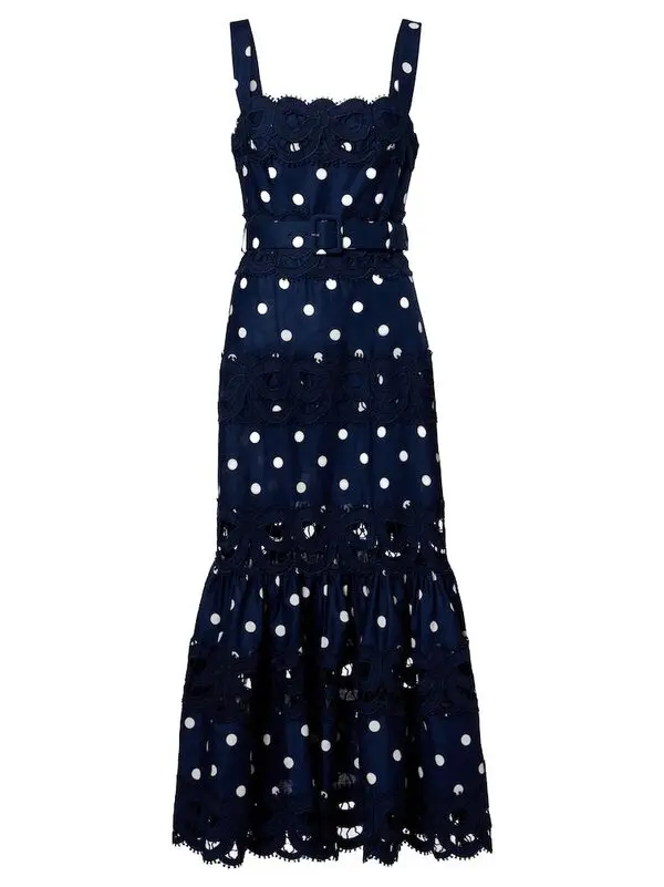 SELF-PORTRAIT Polka-dot Cotton-linen Midi Dress With Detachable Belt - Blue