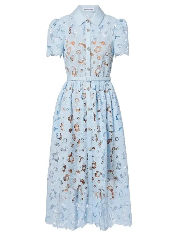 SELF-PORTRAIT Belted Lace Shirt Dress - Blue