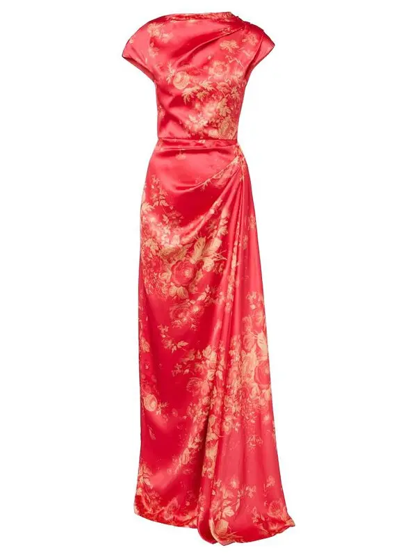 Erdem Draped Floral Duchess Satin Gown - Red