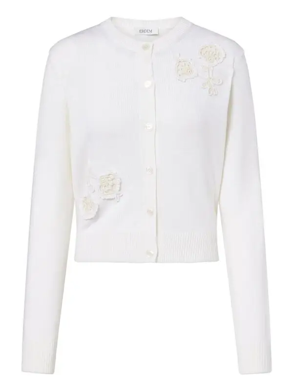 Erdem Floral-appliqué Wool Cardigan - White