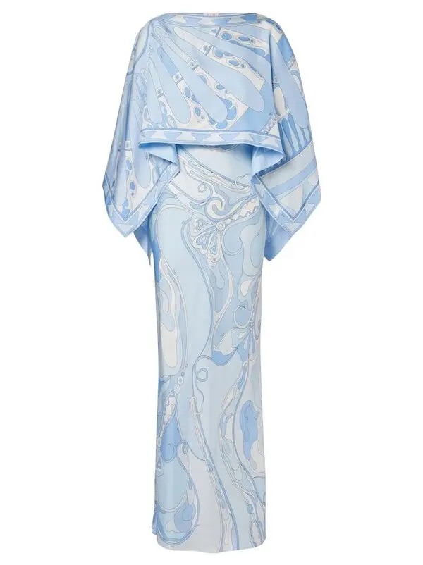 Emilio Pucci Orchidee Soleil Silk Gown And Cape Set - Blue