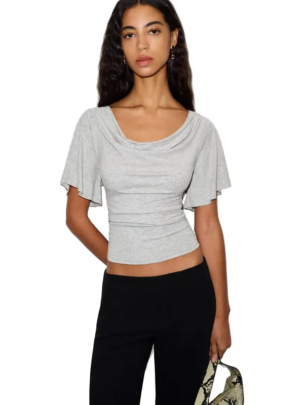 REFORMATION Demi Knit Top With Cowl Neckline And Bell Sleeves - Grey