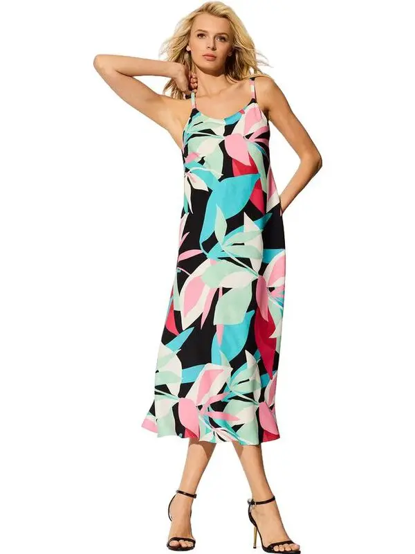 Natori Abstract Palm Printed Satin Slip Dress - Stripe