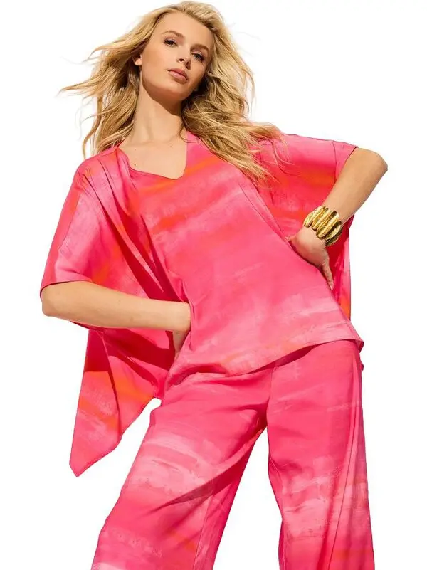Natori Printed Satin Kaftan Top - Pink