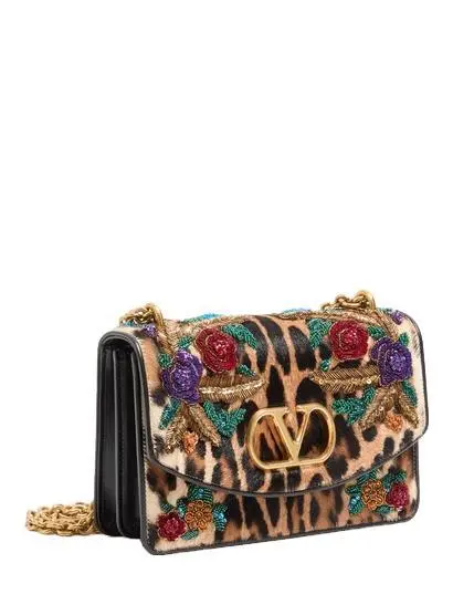 Valentino Garavani Vain Shoulder Bag In Embroidered Pony-effect Kidskin Leather - Multicolor