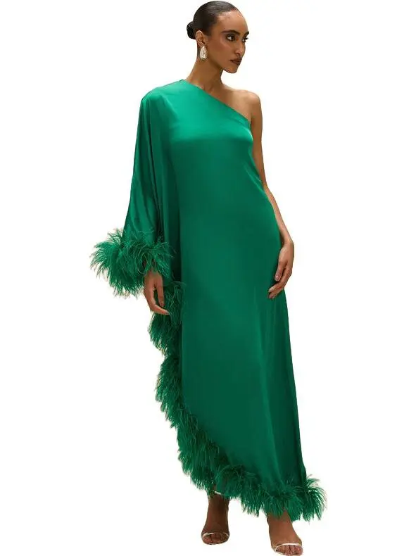PatBO Satin Isabel Maxi Dress With Feather Trim - Red