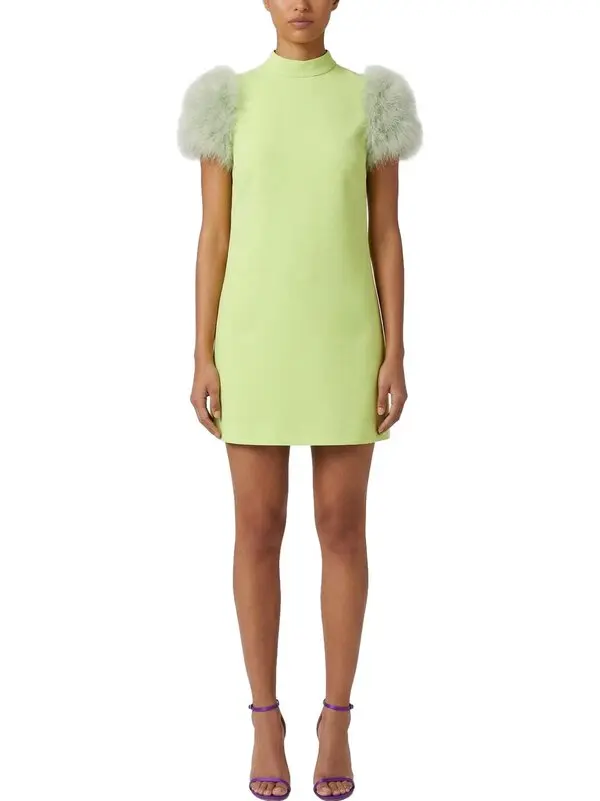 Valentino Garavani Virgin Wool And Silk Dress With Feather Sleeves - Green