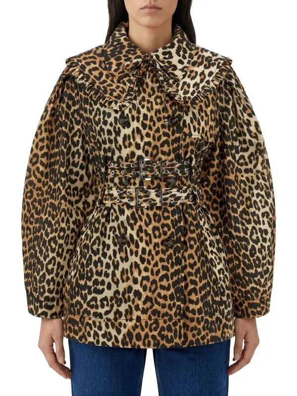 GANNI Animal Print Double-breasted Trench Coat - Brown
