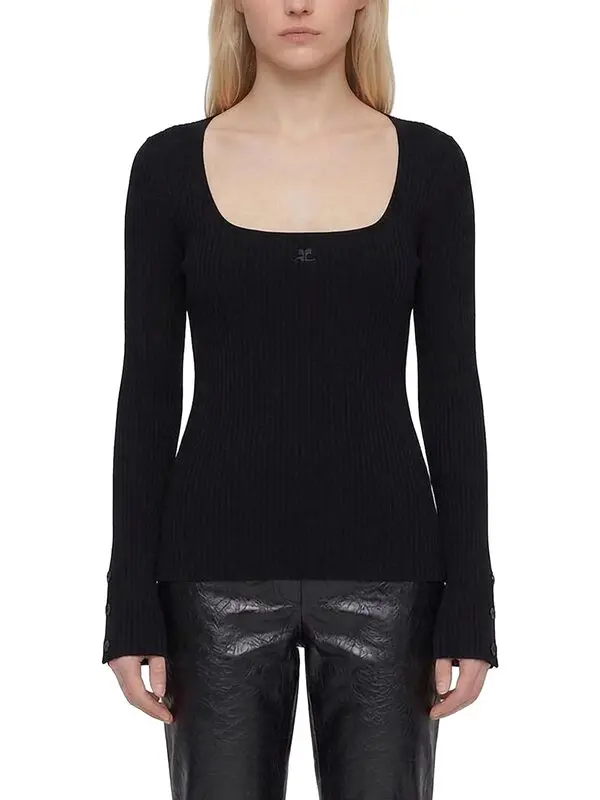 COURREGES Ribbed Square Neck Long Sleeve Top - Black