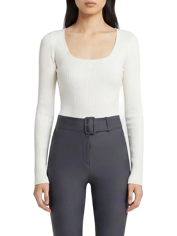 COURREGES Ribbed Square Neck Long Sleeve Top - White