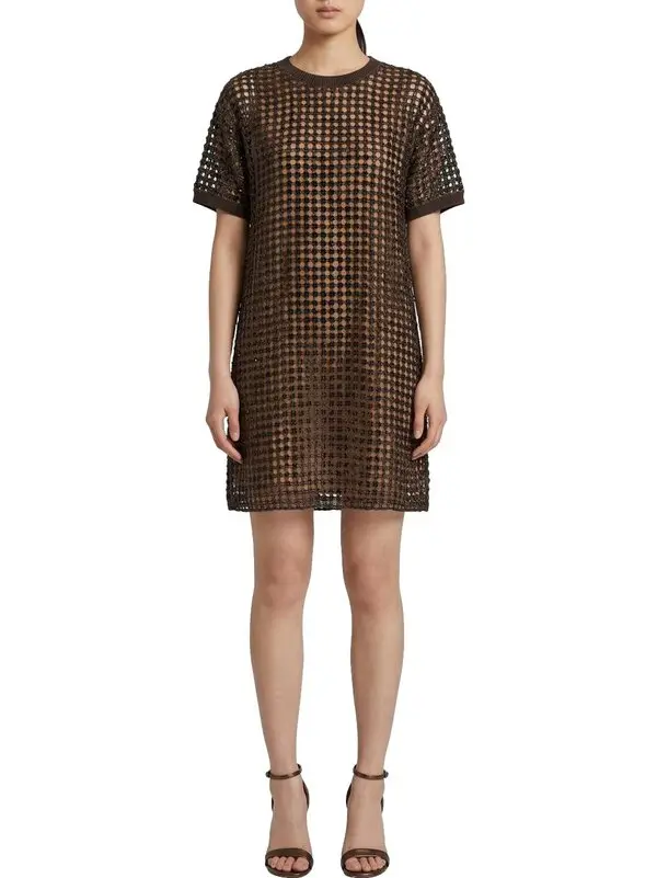 Brunello Cucinelli Sequined Silk And Linen Dress - Brown