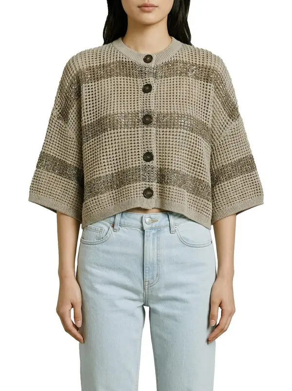 Brunello Cucinelli Striped Openwork Cotton Cardigan - Beige