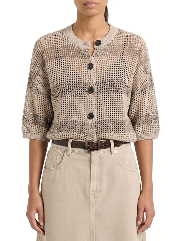 Brunello Cucinelli Striped Openwork Cotton Cardigan - Gold