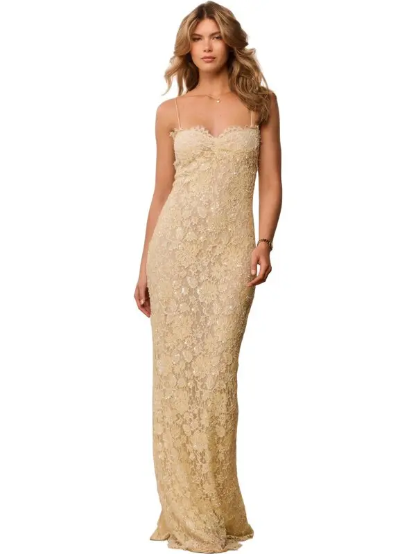 LoveShackFancy Ciona Sequin Lace Gown - Pale Yellow